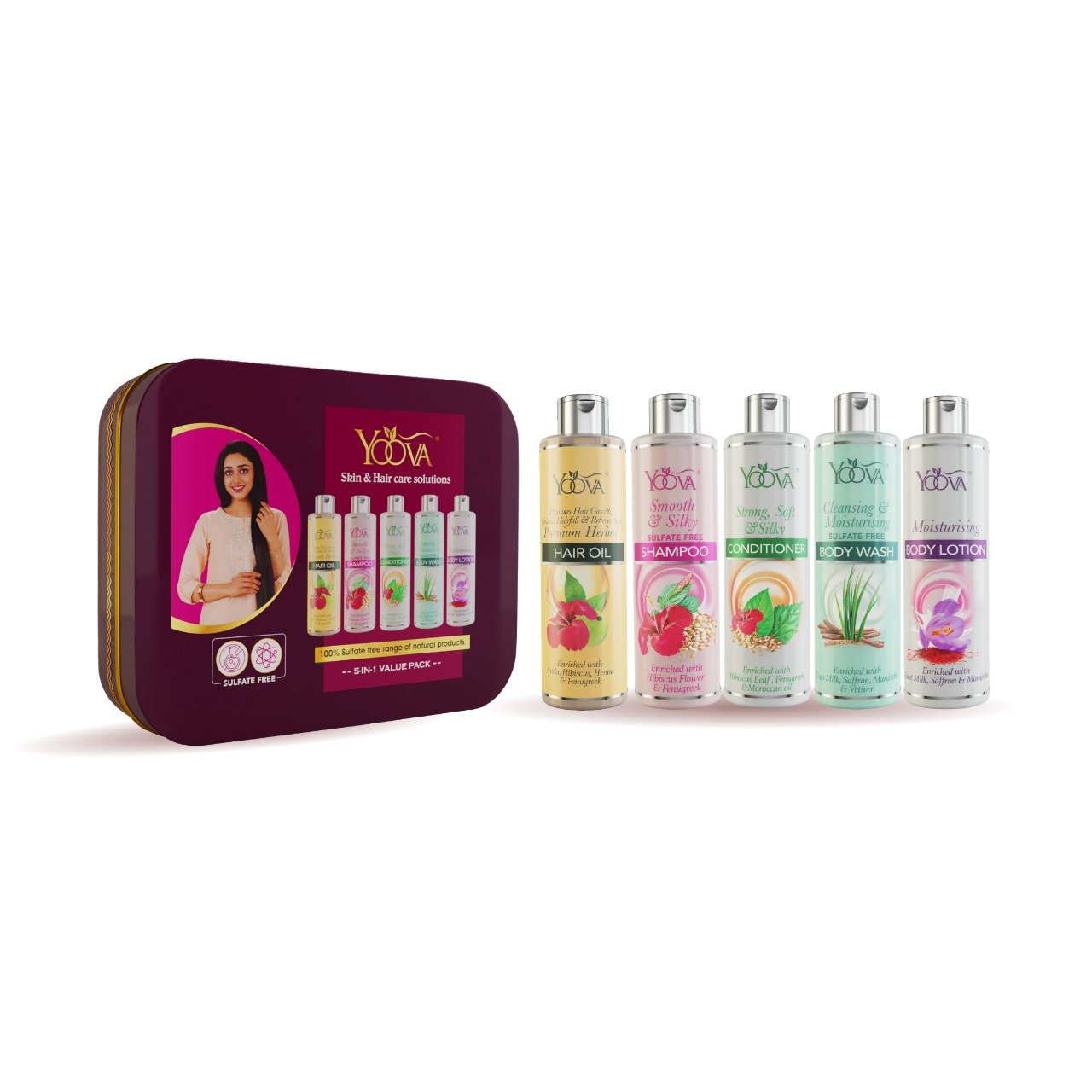 Buy Skin & Hair Care Solution 5 in 1 Sulfate Free kit (1. Premium Herbal Hair Oil, 2. Smooth & Silky